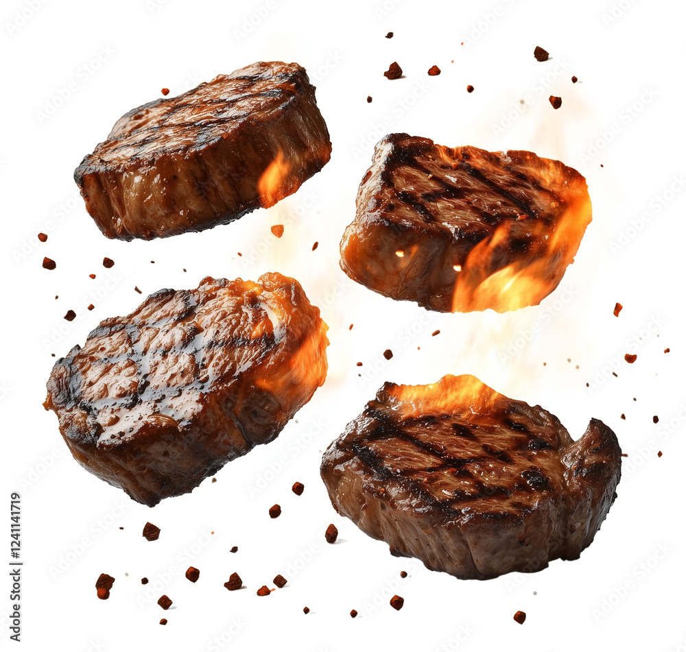 Grill Pork Chops Beef steaks, realistic 3d brisket flying in the air ...