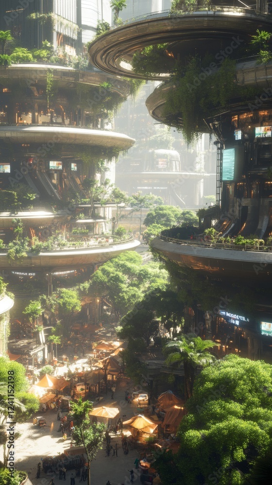 A cyberpunk alien cityscape, where streets are suspended between ...