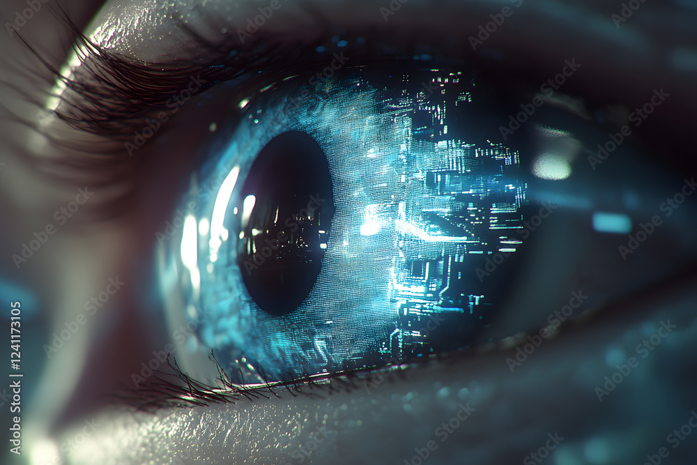 Foto de Stock Human eye with cyber retinal recognition for neuro link ...
