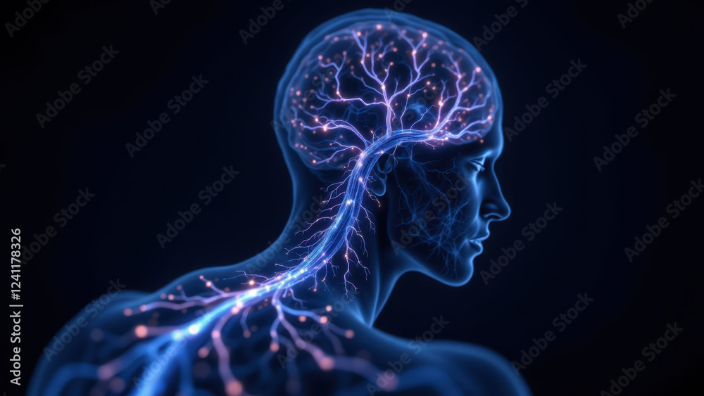 Illustration of a human head with highlighted central nervous system ...