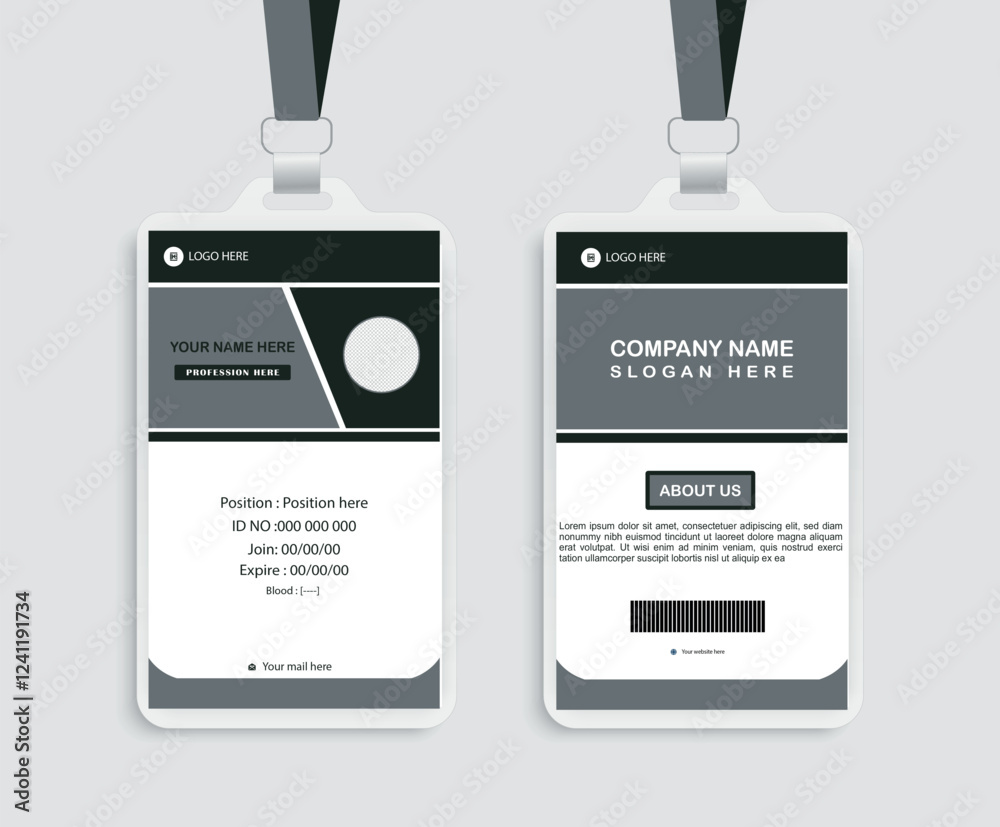 A modern, professional ID card design featuring customizable text, a ...