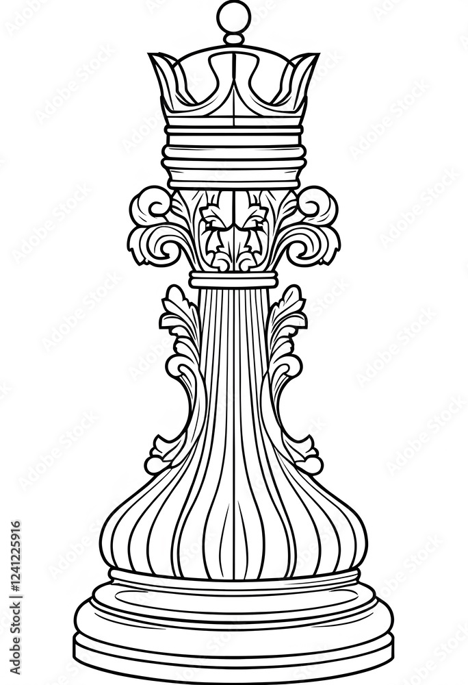 Intricate Wooden Chess King Outline Drawing for Coloring Book Pages ...