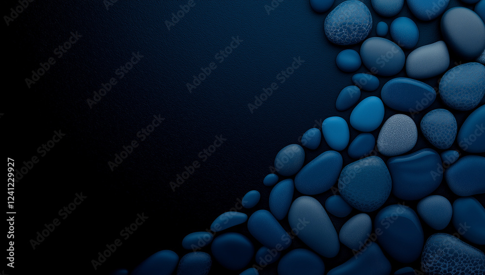 Smooth blue pebbles and round stones set against a deep black ...