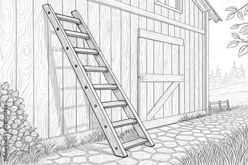 farm theme, Ladder leaning against a rustic barn in a serene outdoor ...