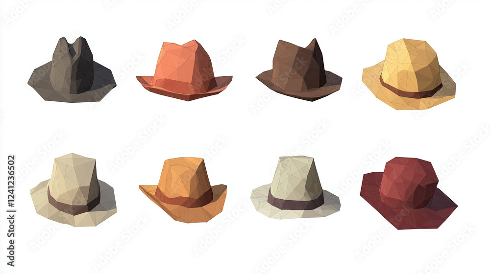 Low-poly, isometric icons of cowboy hats in different colors and styles ...