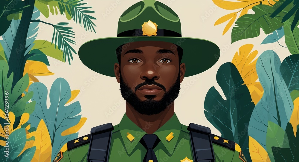 Park ranger in green uniform with hat mature black African man short ...