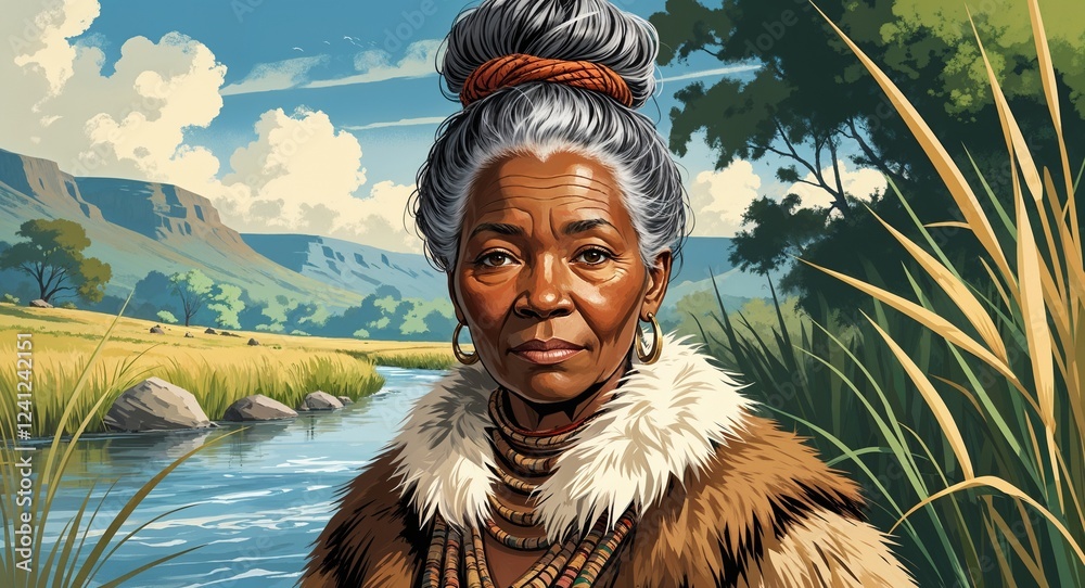 Primitive clothing from fur and woven grass with a river scene in the ...