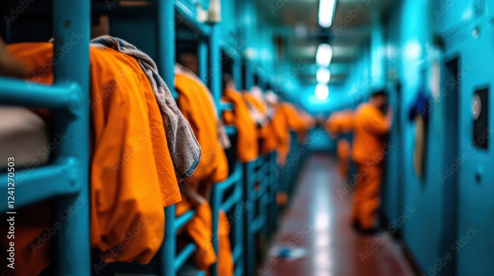 A crowded prison corridor lined with orange inmate uniforms on bunk ...