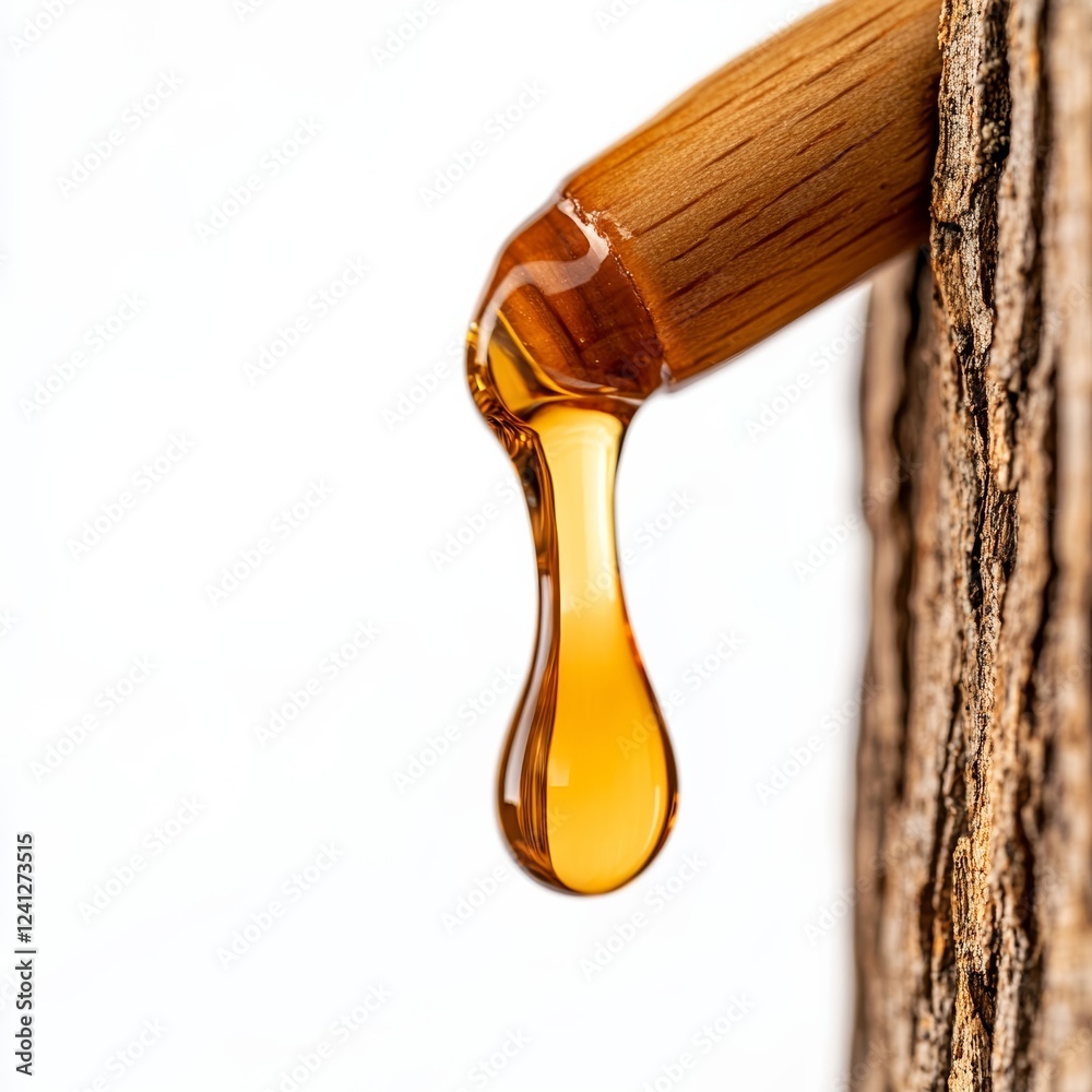 Wooden spile inserted into a maple tree with clear sap flowing into a ...