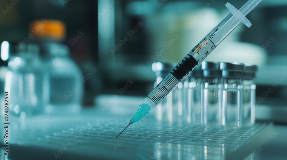 A closeup view of a syringe filled with a viscous gel poised over a ...