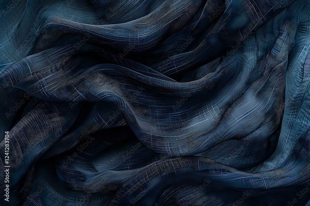 Dark navy blue wavy fabric texture with soft folds and delicate linear ...