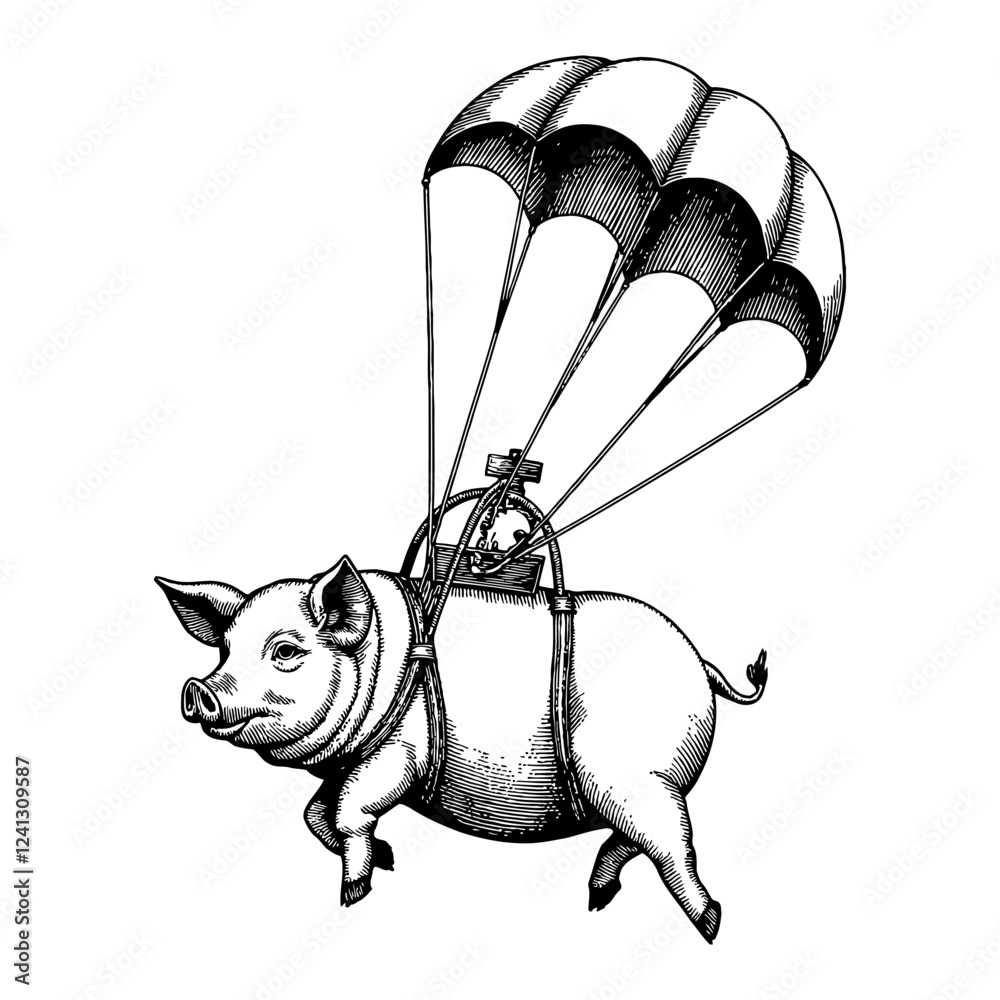 Pig Flying with Parachute Detailed Black and White Outline Line Art ...
