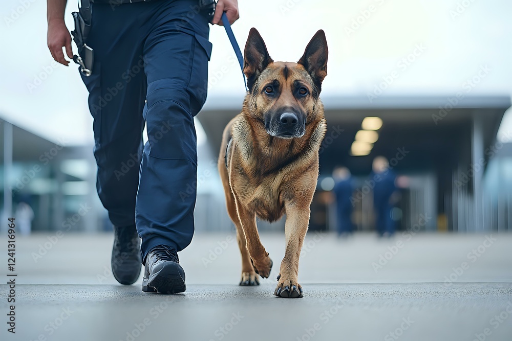 Police officer walking with German Shepherd patrol dog at airport ...