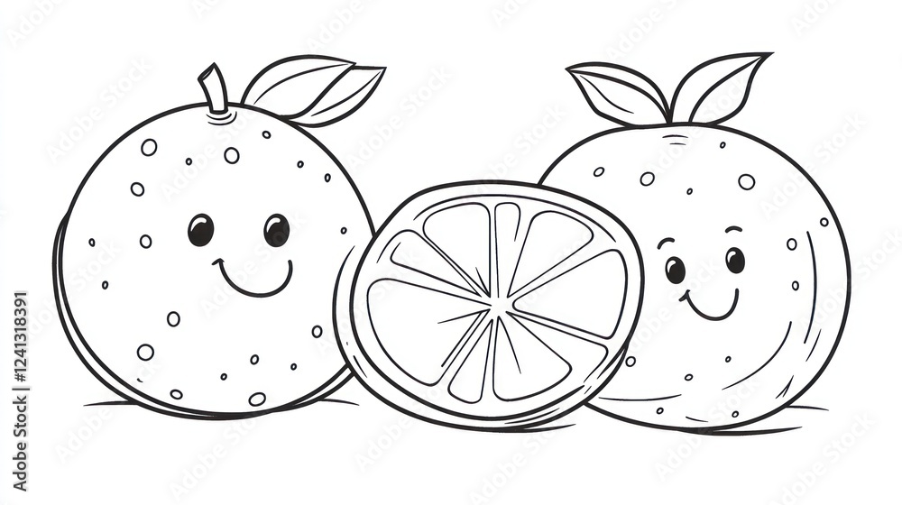 Happy oranges, sliced citrus, coloring page, white background, kids ...