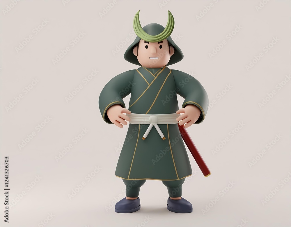 3D cartoon samurai stands ready his expression serious and his katana ...