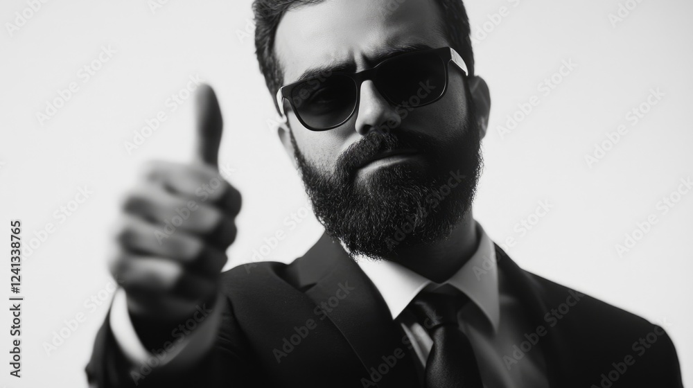 Confident businessman giving a thumbs up gesture in formal attire with ...
