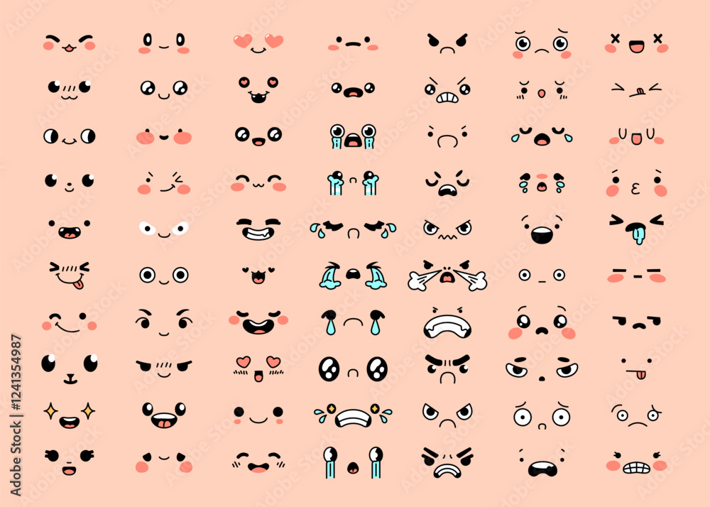 Cute Kawaii Facial Expressions Collection Stock Vector | Adobe Stock