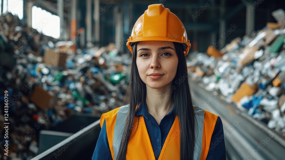 Black haired woman supervisor wearing orange hard hat and safety vest ...