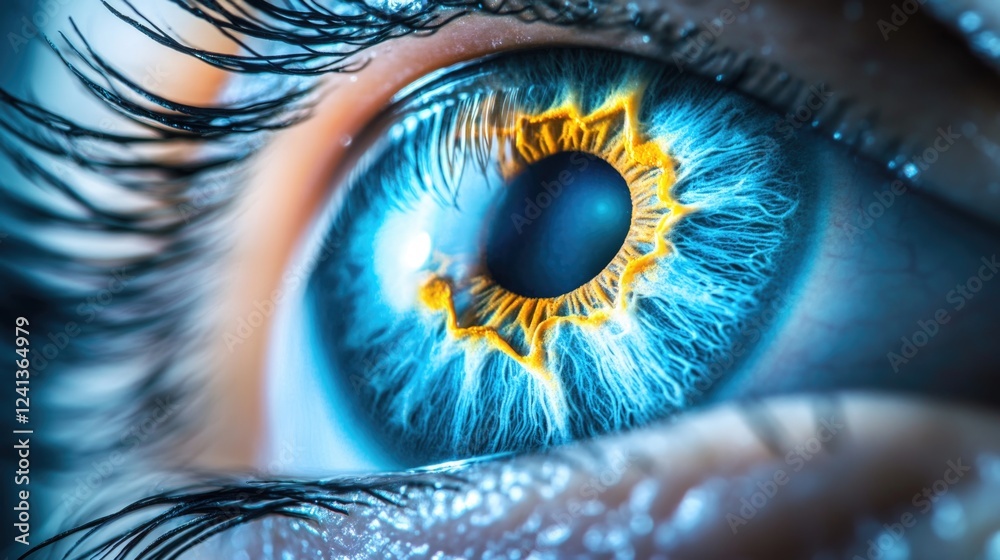 Detailed close-up of a human eye showcasing a vibrant blue iris with ...