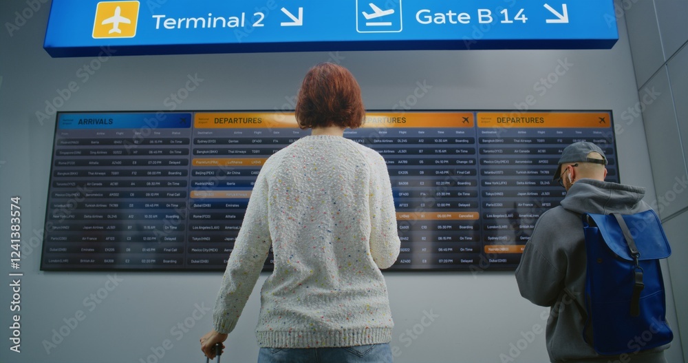 Passengers with Baggage and Tickets Checking Departures on Flight ...