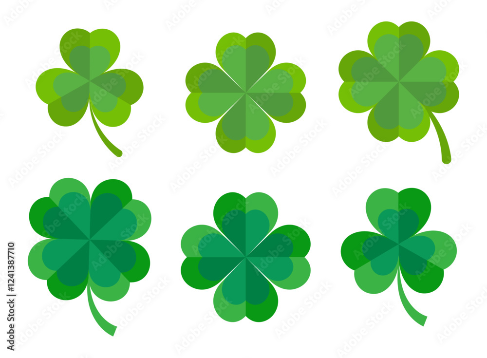 Flat shamrock icons vector set. Four leaf clover icon. Happy St ...