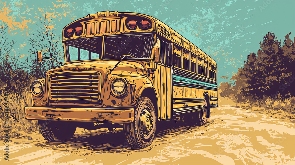 A vintage-style illustration of an old-school bus parked on a dusty ...