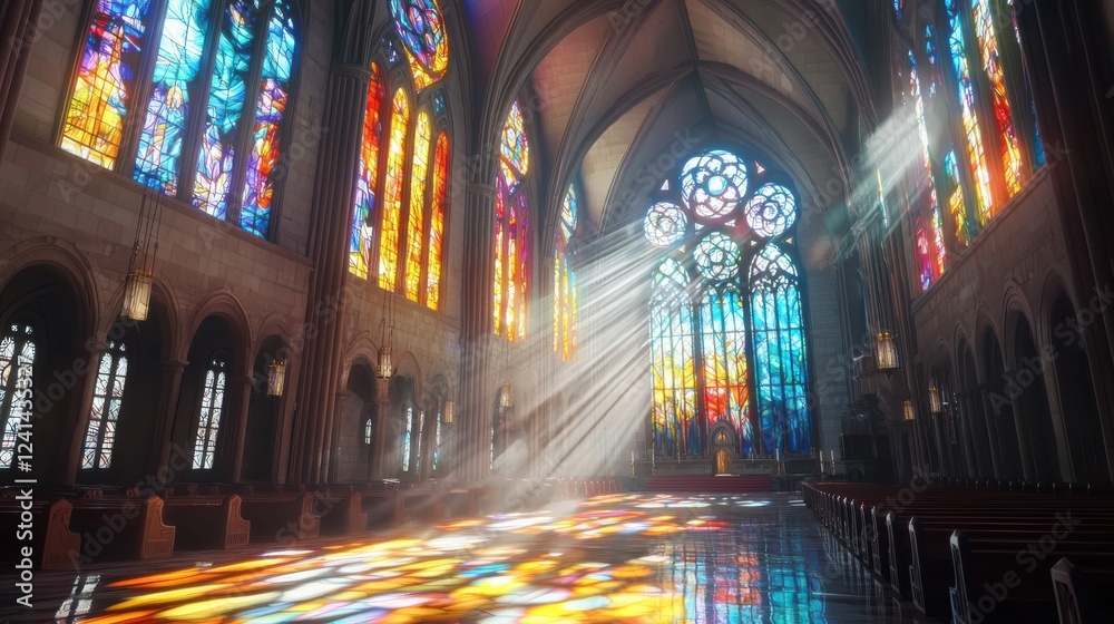 Illuminate vibrant stained glass windows showcasing large-scale trinity ...