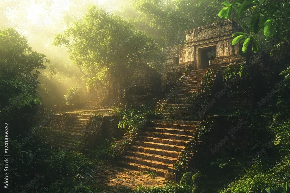 Mysterious ancient Mayan ruins hidden deep in a tropical jungle, featuring crumbling stone ...
