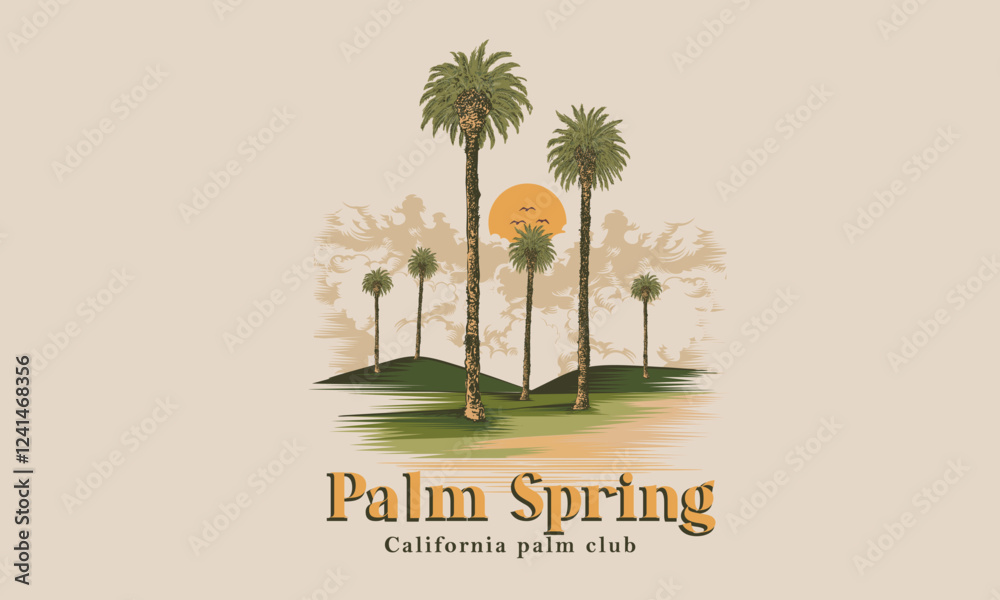 Palm tree with mountain print artwork. Palm springs watercolor graphic ...