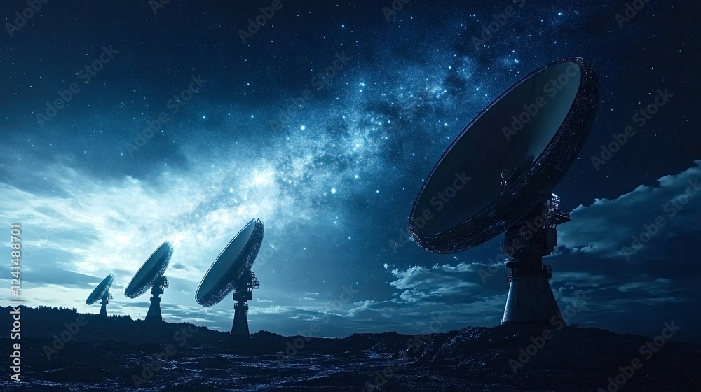 Array of large radio telescopes pointing towards a starry night sky ...