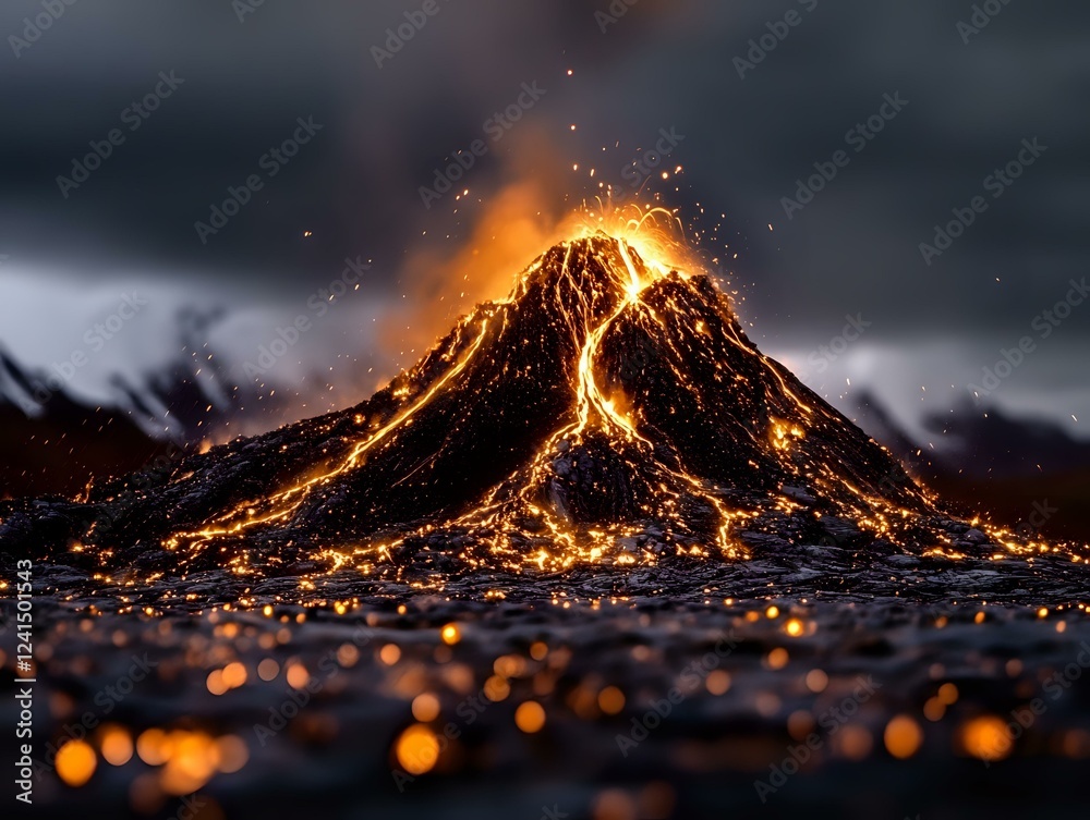 Dramatic volcanic eruption with glowing lava flows and molten rock ...