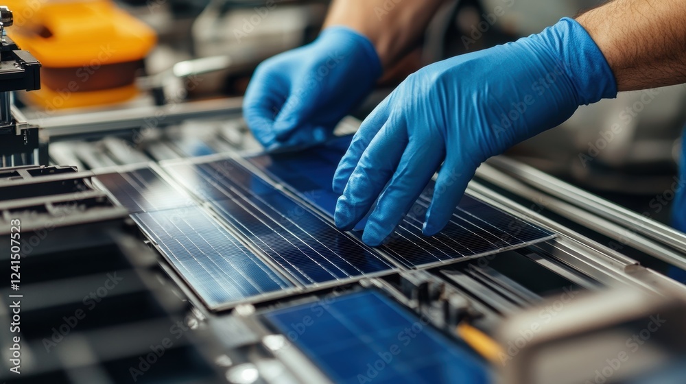 An engaging closeup of a solar panel assembly process featuring gloved ...