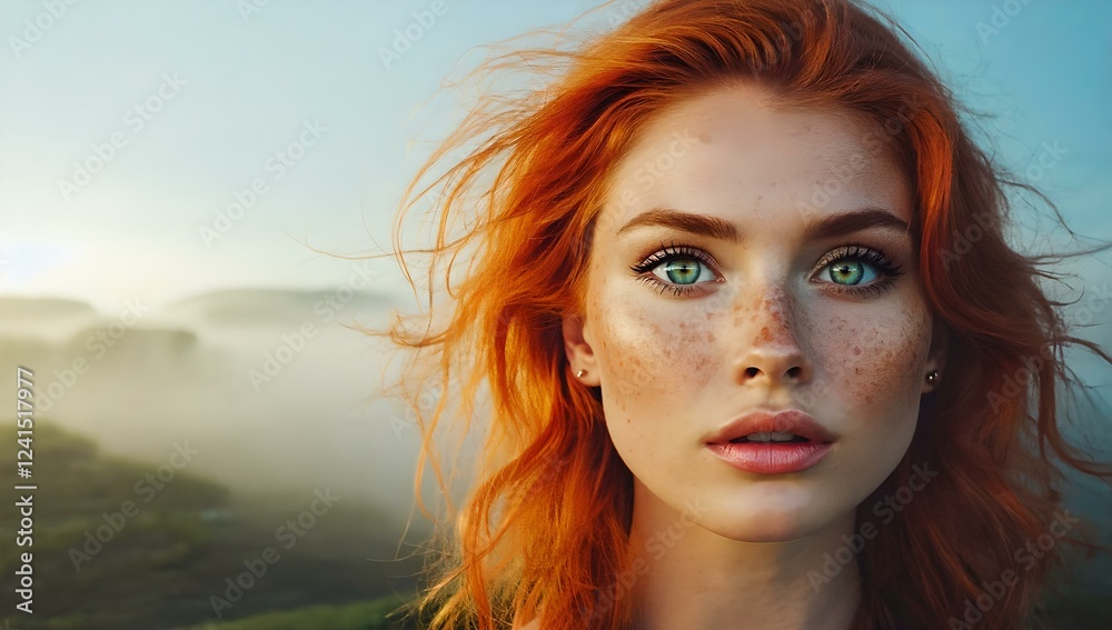 Striking image of a freckled woman with fiery red hair and piercing ...