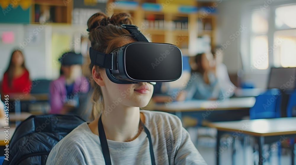 Young student engaged in virtual reality learning experience in ...