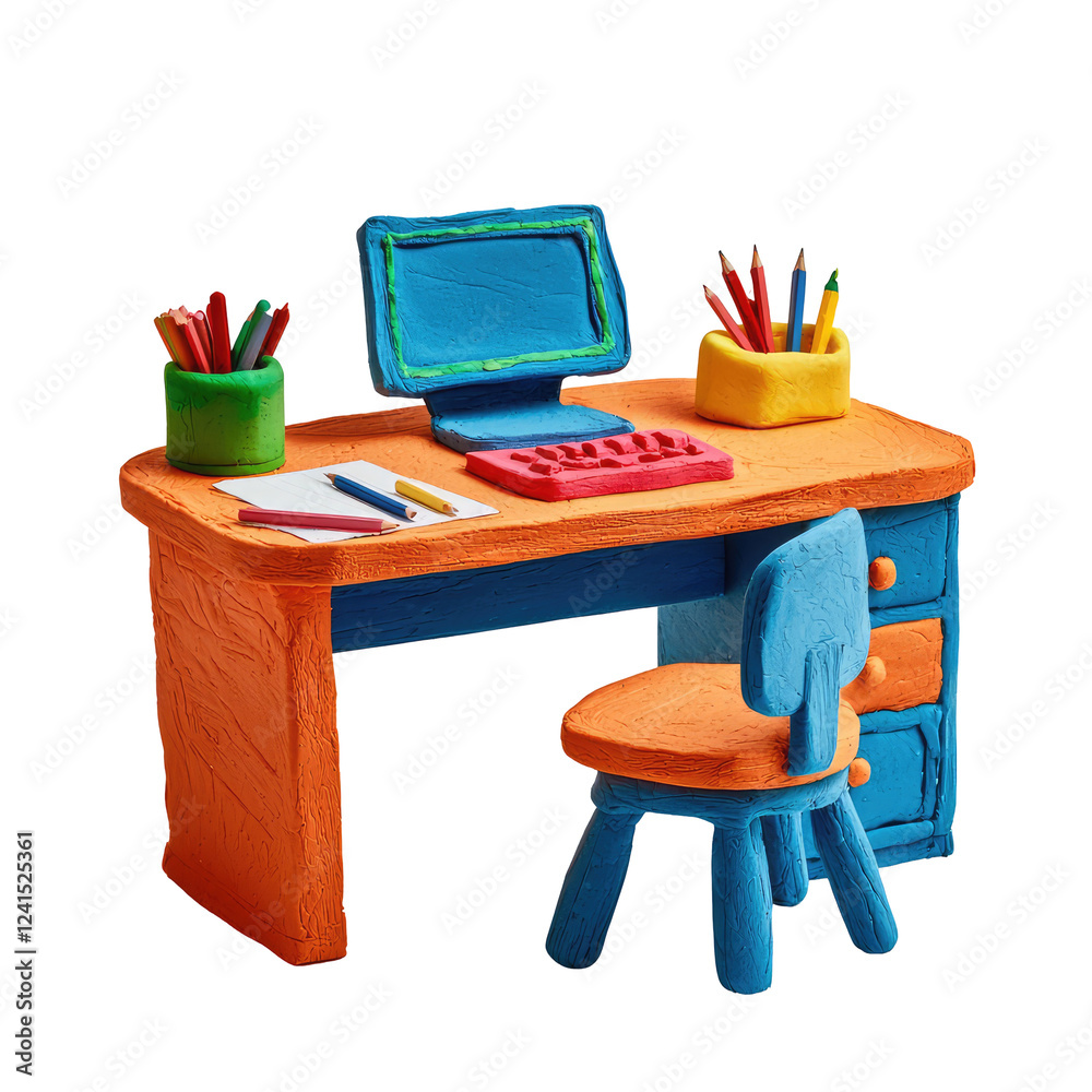 Colorful Playdough Desk and Chair Setup with Computer and Stationery ...