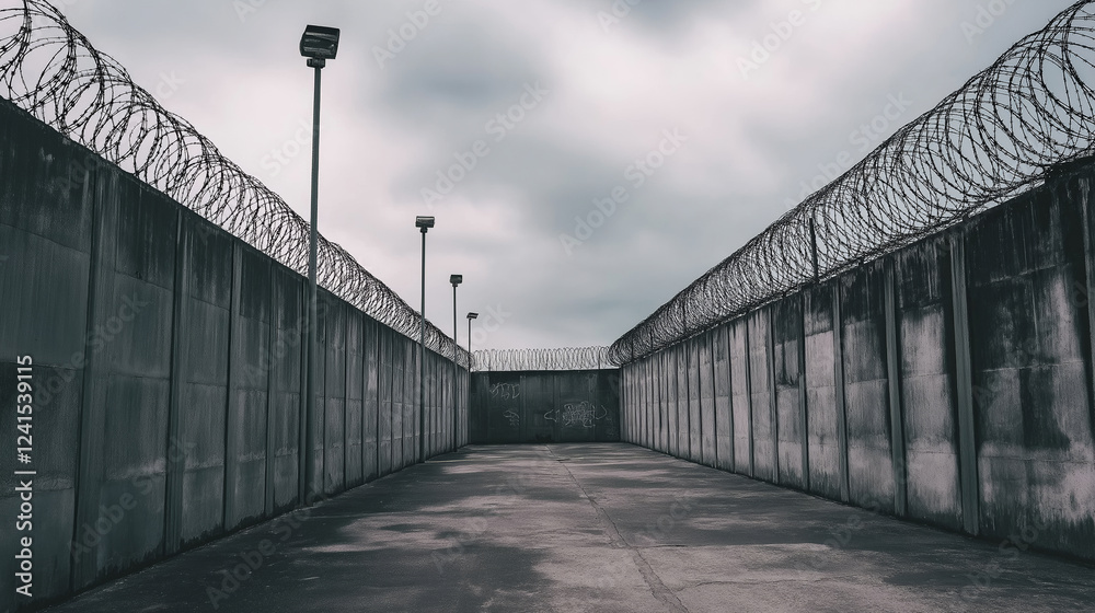 High-angle view of a deserted prison yard with tall concrete walls ...