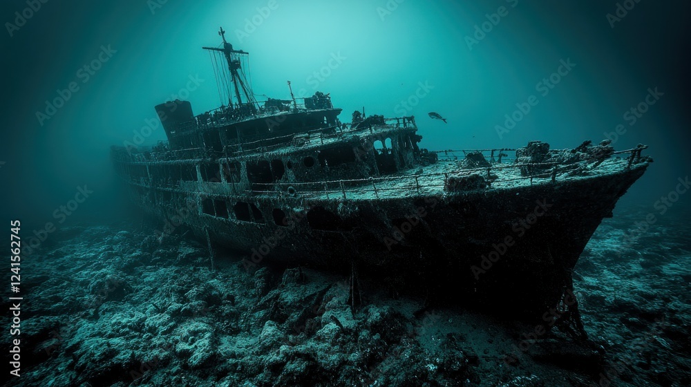 Sunken ship resting on ocean floor, marine life, underwater exploration ...