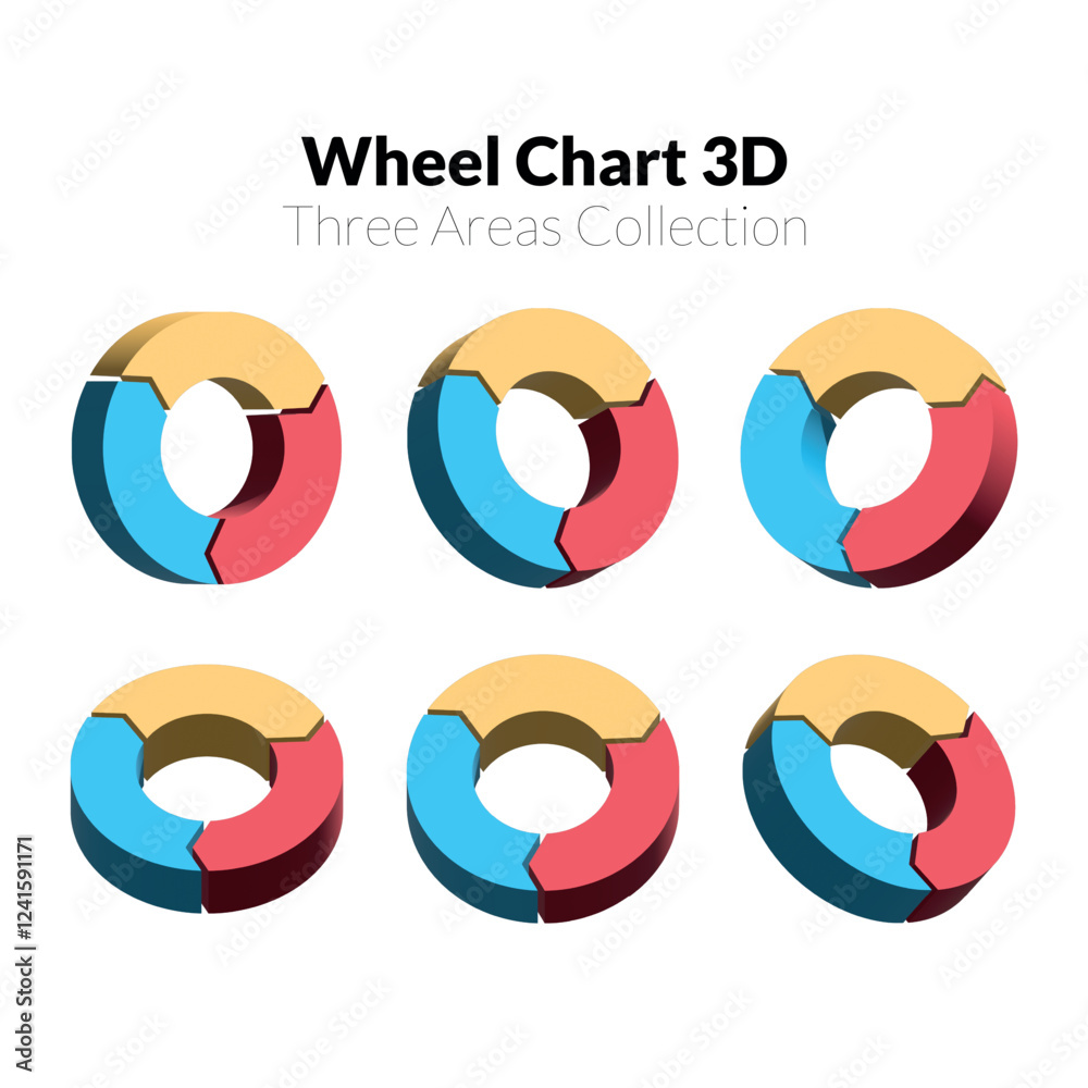 Graphical representation of three categories in a 3D wheel chart with six different poses Stock ...
