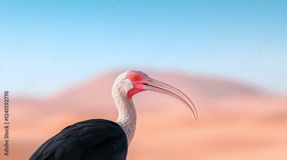 White-headed ibis bird with distinctive curved pink beak against ...