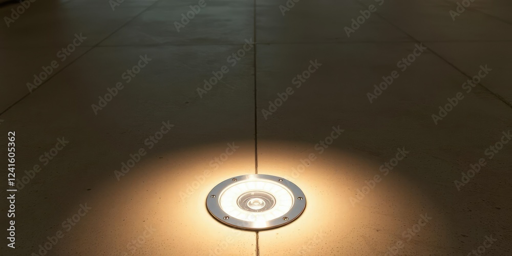 Embedded walkway light fixture in concrete floor emitting soft glow ...