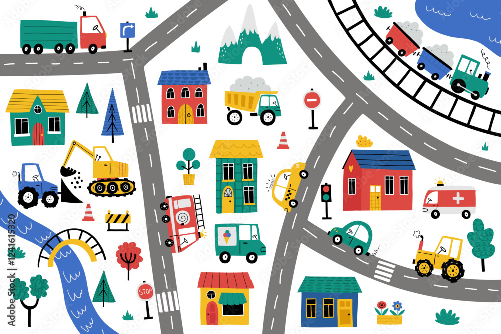 Cute little town map with cars, houses, mountains, roads, trees, train ...