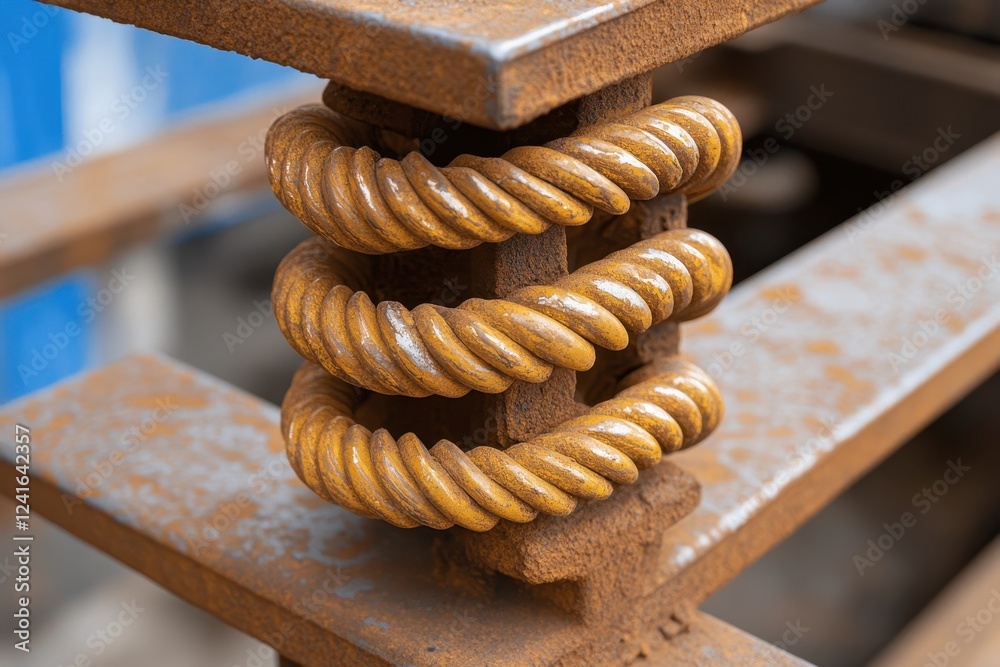 Rusty metal platform supported by twisted metal rods, resembling a ...