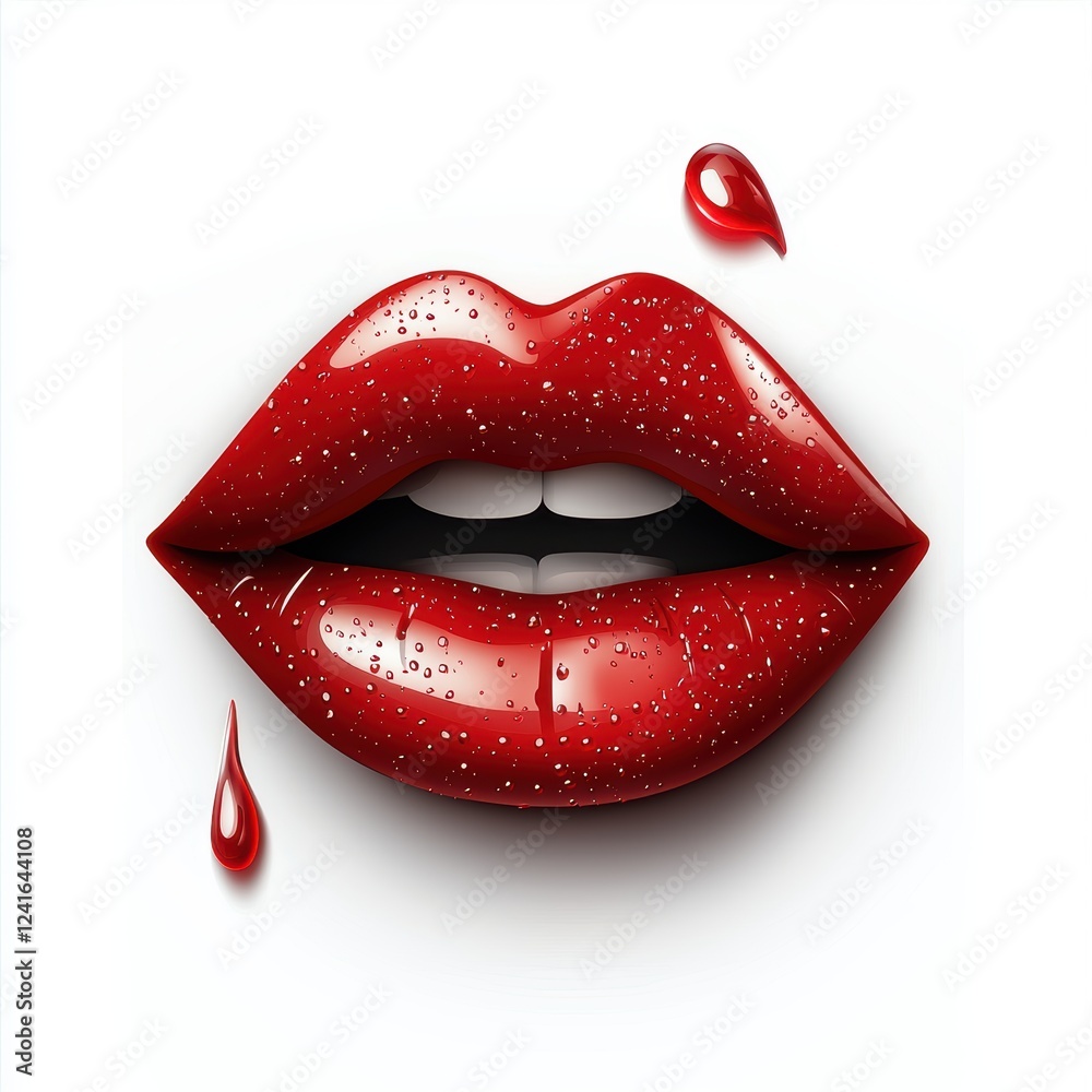 of Sensual red lips with a dewy finish, biting gently on a lower lip ...