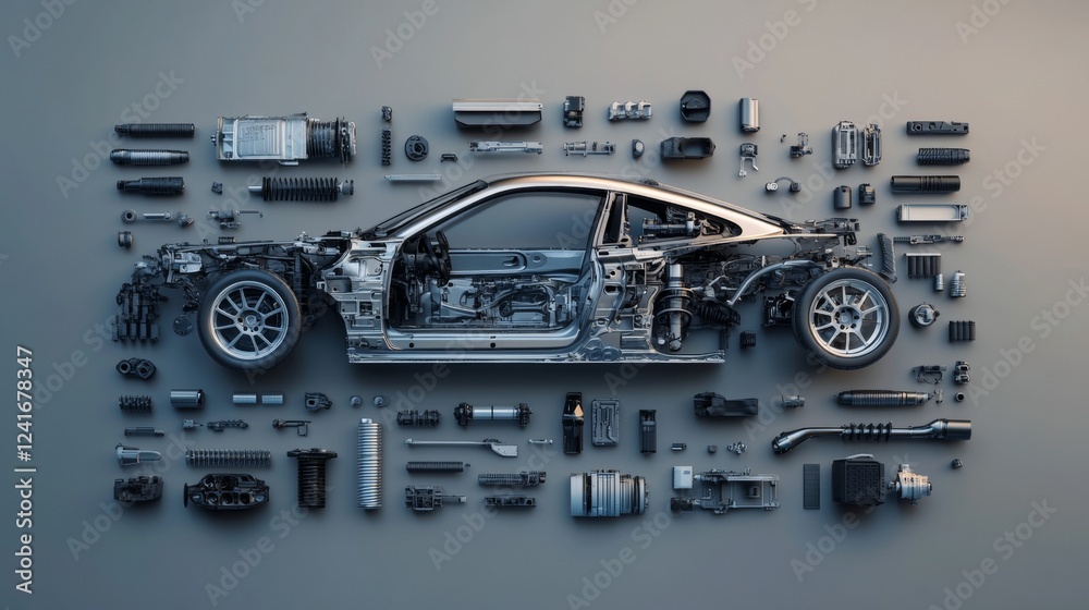 Exploded view of a generic sports car revealing its internal components ...