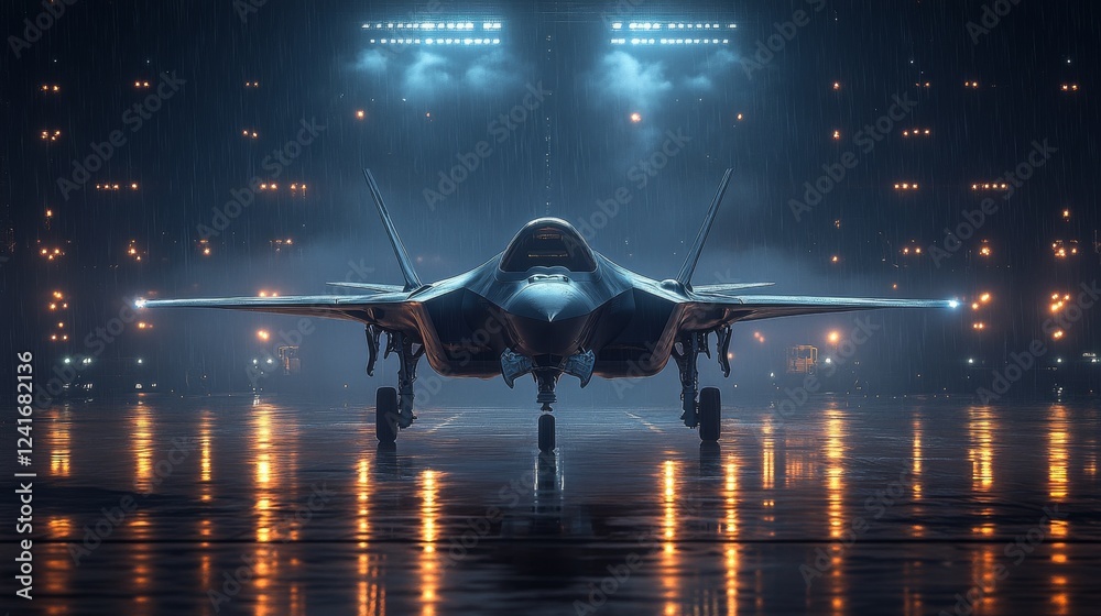 Night Rain: F-35 Lightning II Stealth Fighter Jet on a Wet Runway ...