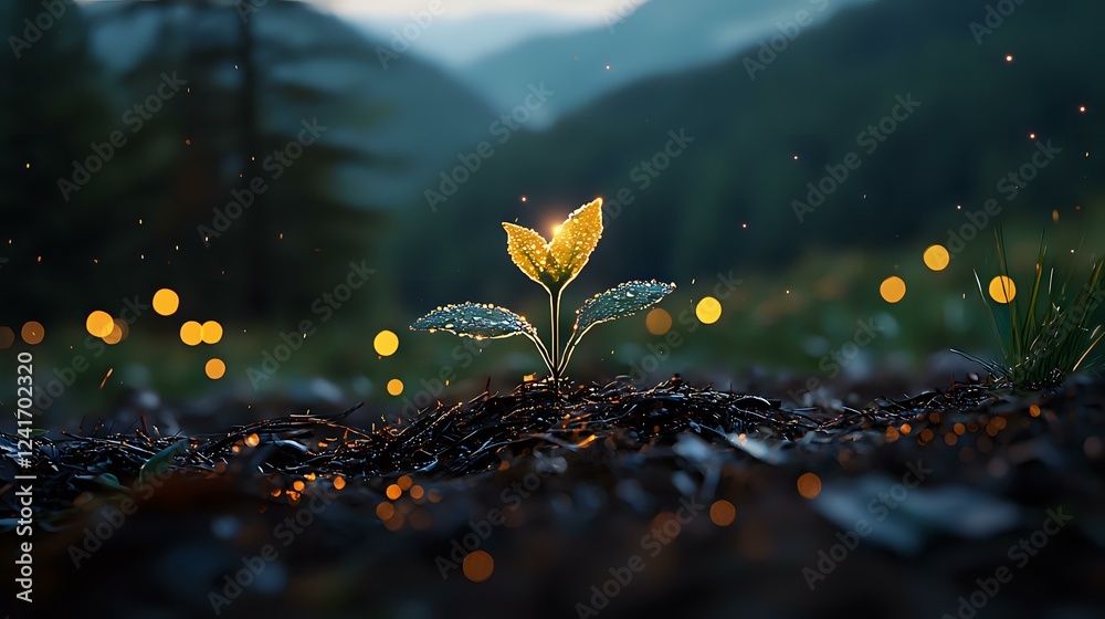 Young glowing plant sprout growing from soil at dusk with magical bokeh ...