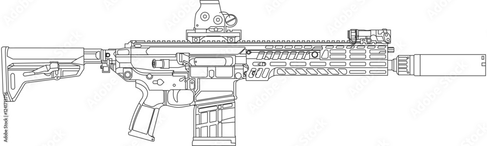 New assault rifle with optical sight and silencer in thick outline, xm7 ...