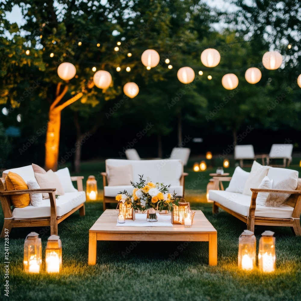 Intimate backyard wedding setup with cozy seating and hanging lanterns ...