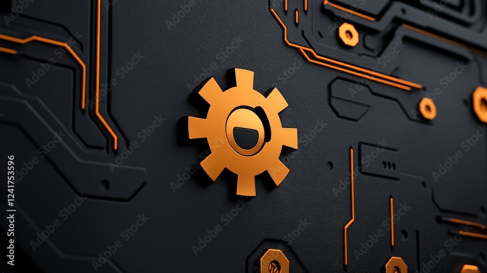 Cog in the Machine: A golden gear rests prominently on a dark circuit ...