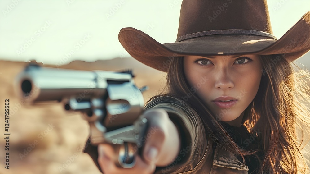 Confident female cowboy aiming a revolver in a desert landscape with a ...